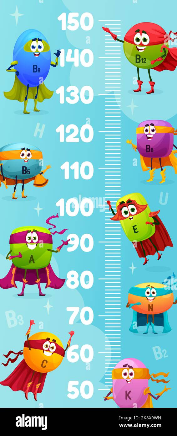 Kids height chart ruler, cartoon vitamin superhero characters, vector ...