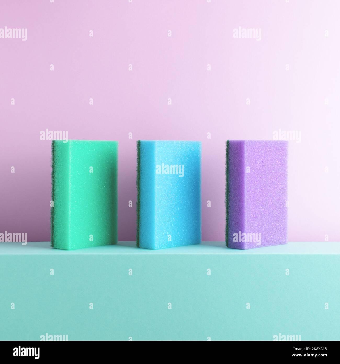 Decorative composition with colourful foam kitchen sponges in a row ...