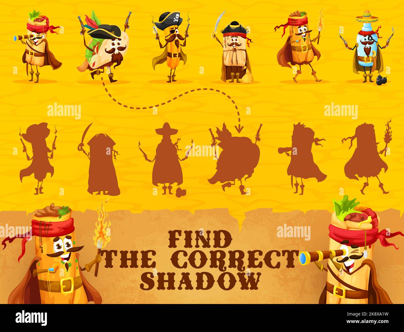 Find the correct shadow of cartoon mexican food pirate and corsair ...