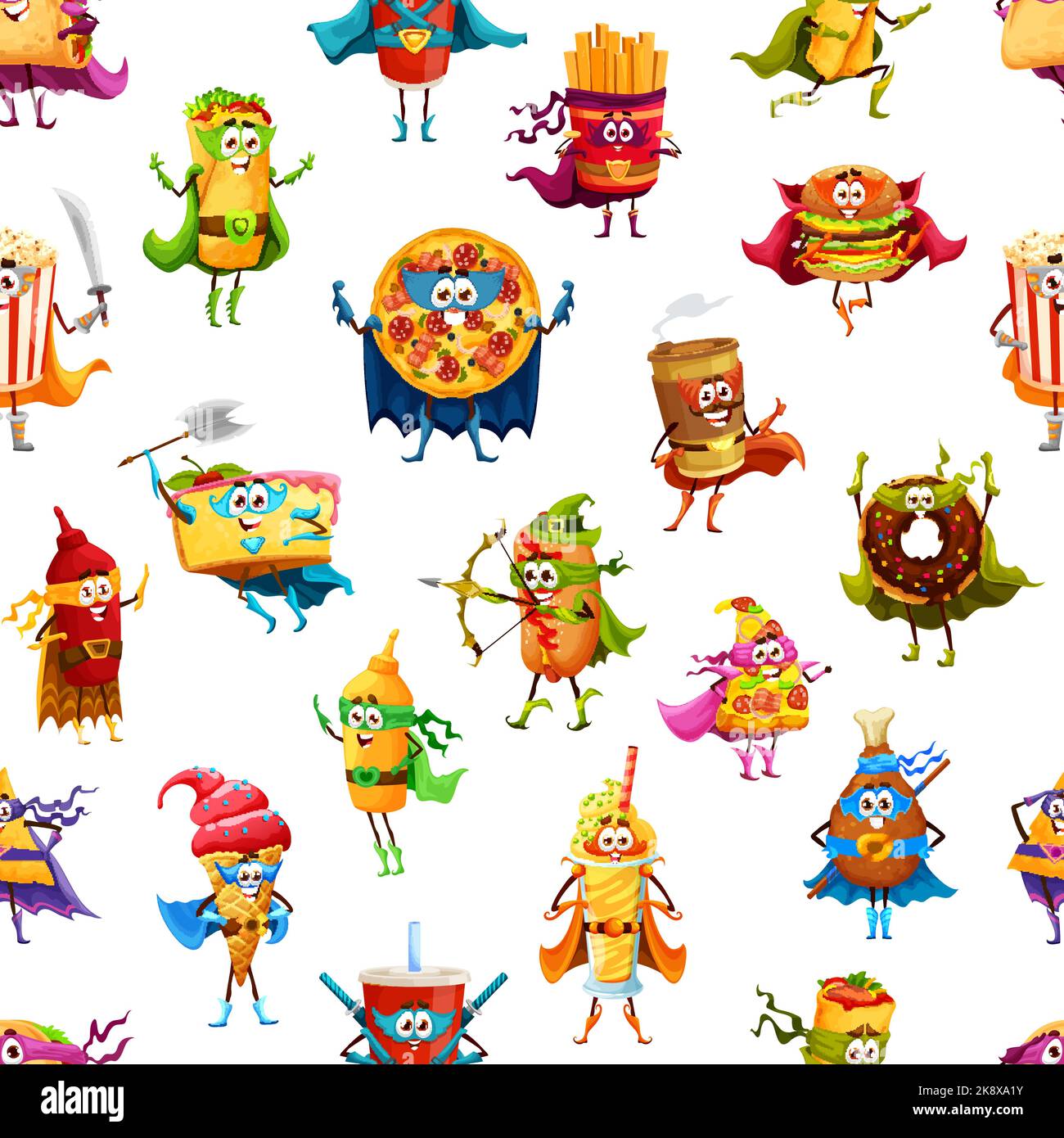 Cartoon fast food superhero and defender personages seamless pattern ...