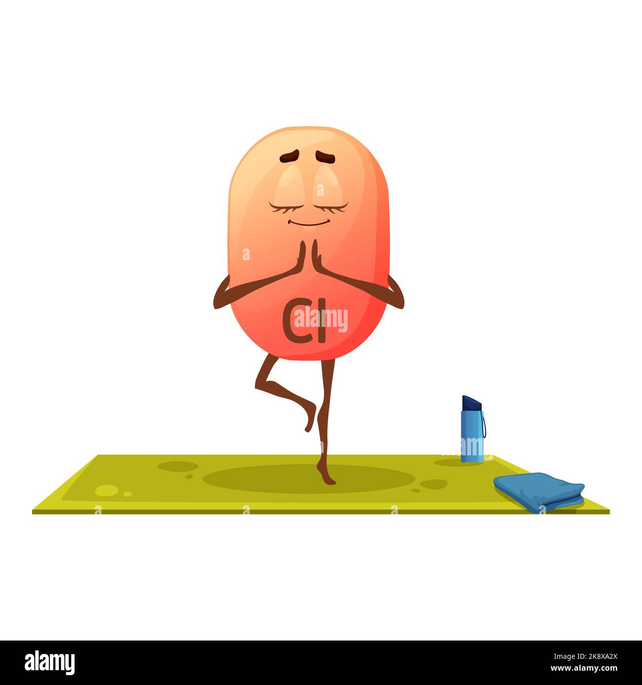 Cartoon cheerful chlorium mineral character on yoga. Funny vector Cl ...