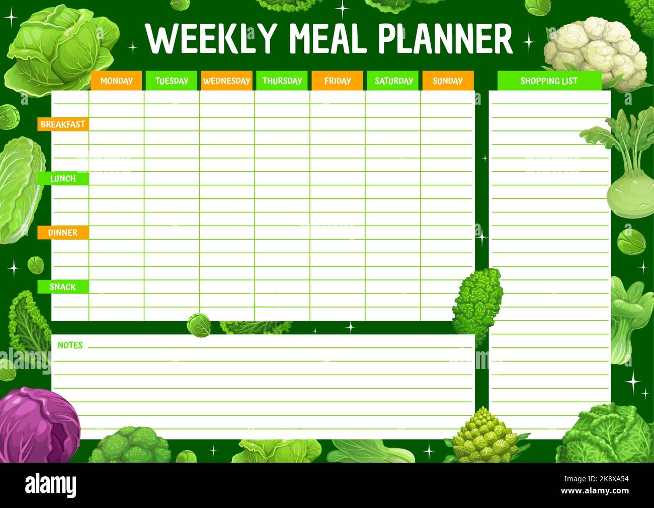 Weekly meal planner. Cartoon cabbage vegetables. Cooking daily schedule ...