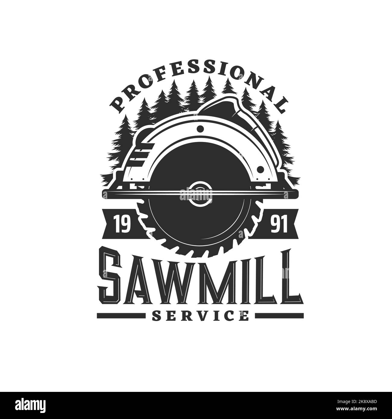 Sawmill icon with spruce or pine trees silhouettes and hand circular ...