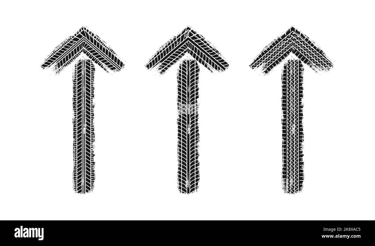 Auto tire tread grunge arrow. Car and motorcycle tire pattern, wheel tyre tread track. Direction ...