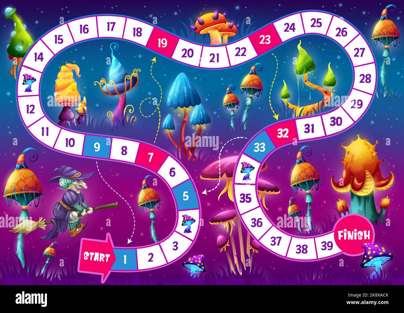 Kids board step game. Magic mushrooms in fairy forest. Preschool kids ...