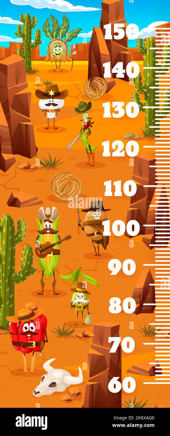 Kids height chart ruler. Cartoon cowboy, sheriff and robber vegetable ...