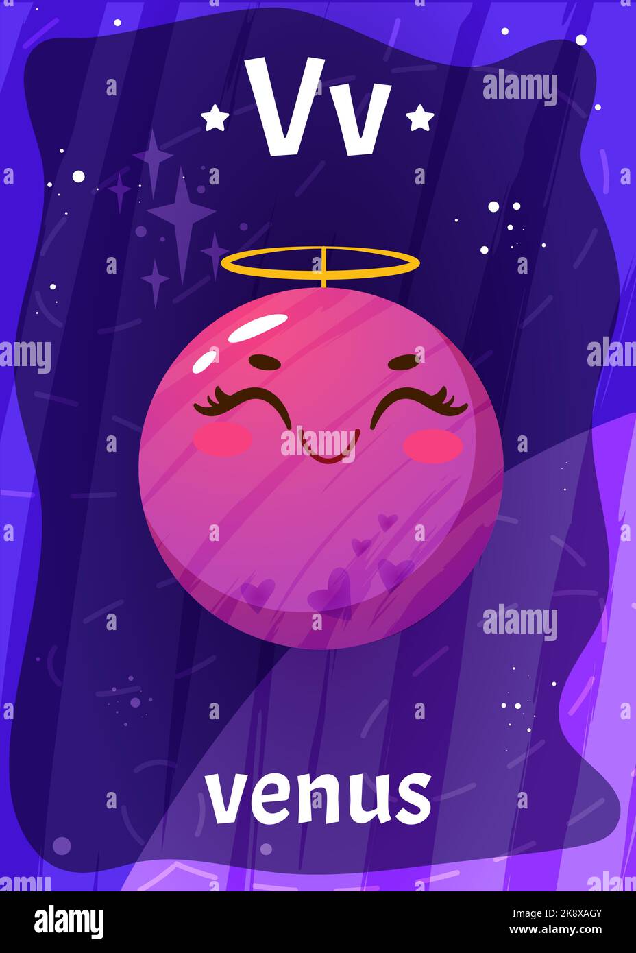 Printable space alphabet flashcard with letter V. Cartoon cute venus ...