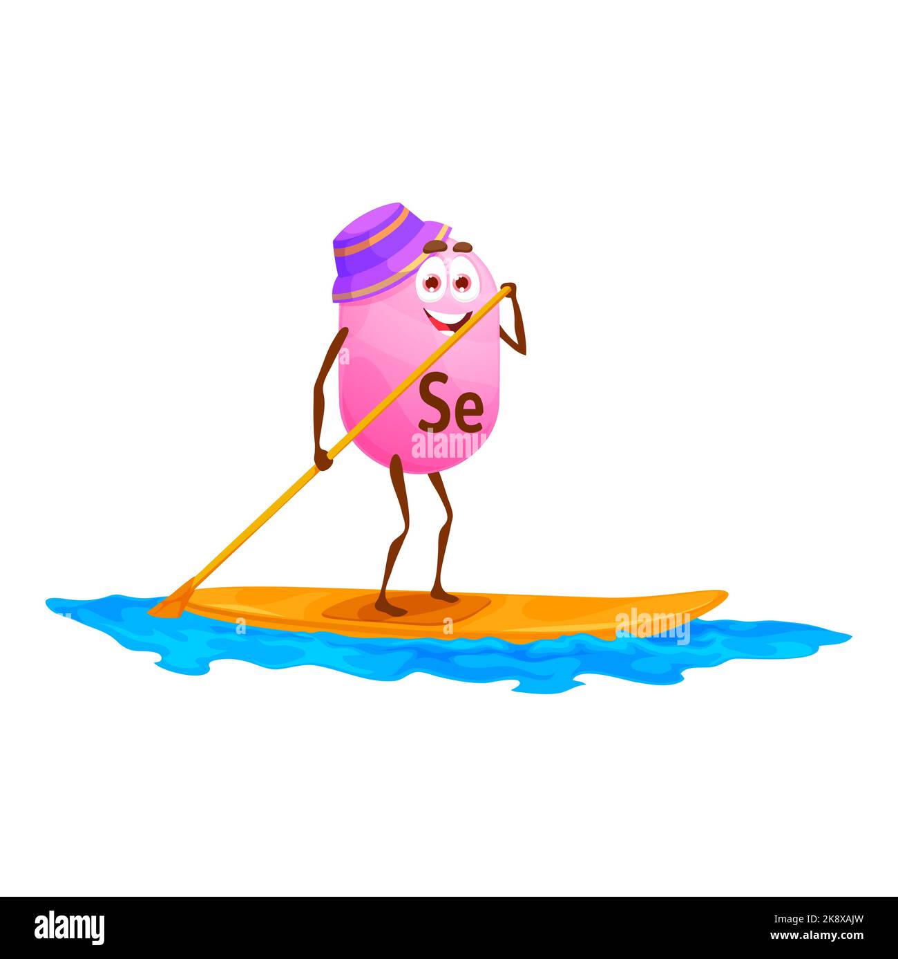 Cartoon selenium micronutrient character on SUP board. Vector funny ...