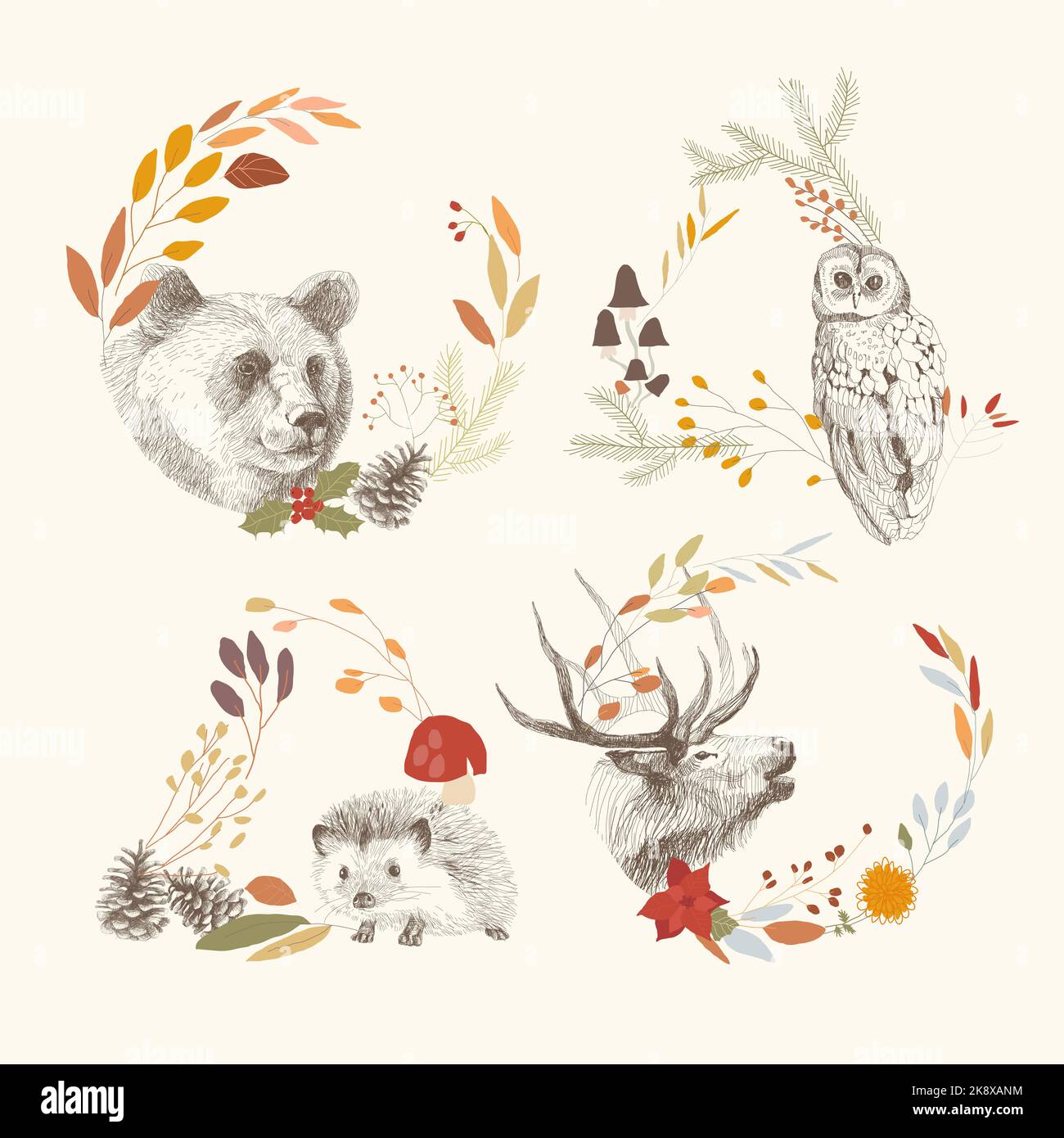Vector Card with Hand Drawn Animals in Autumn Wreaths with Leaves and ...