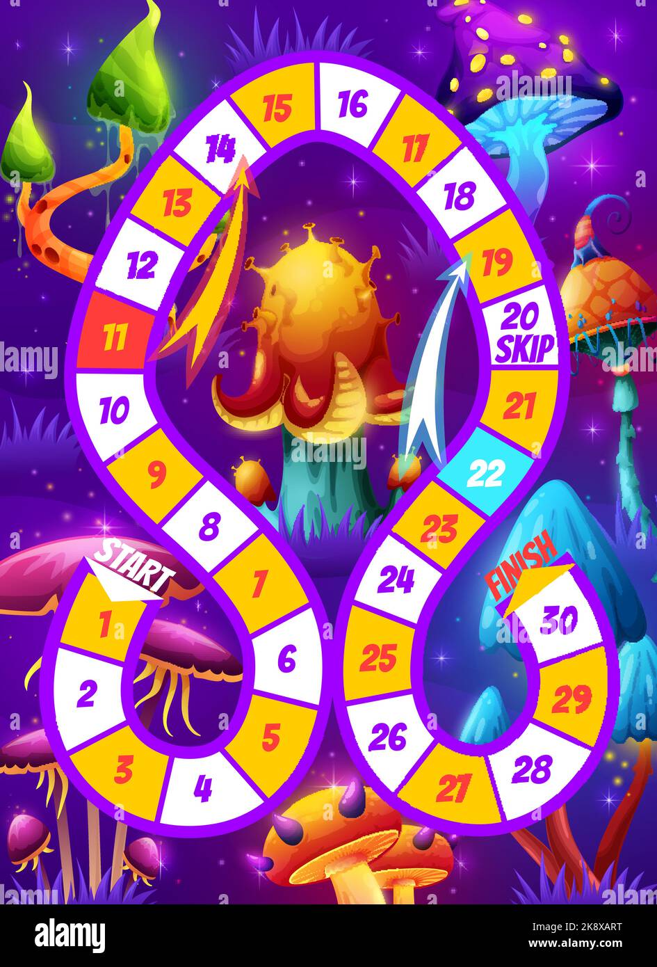 Kids board game. Magic mushrooms in fairy forest. Child roll and move ...