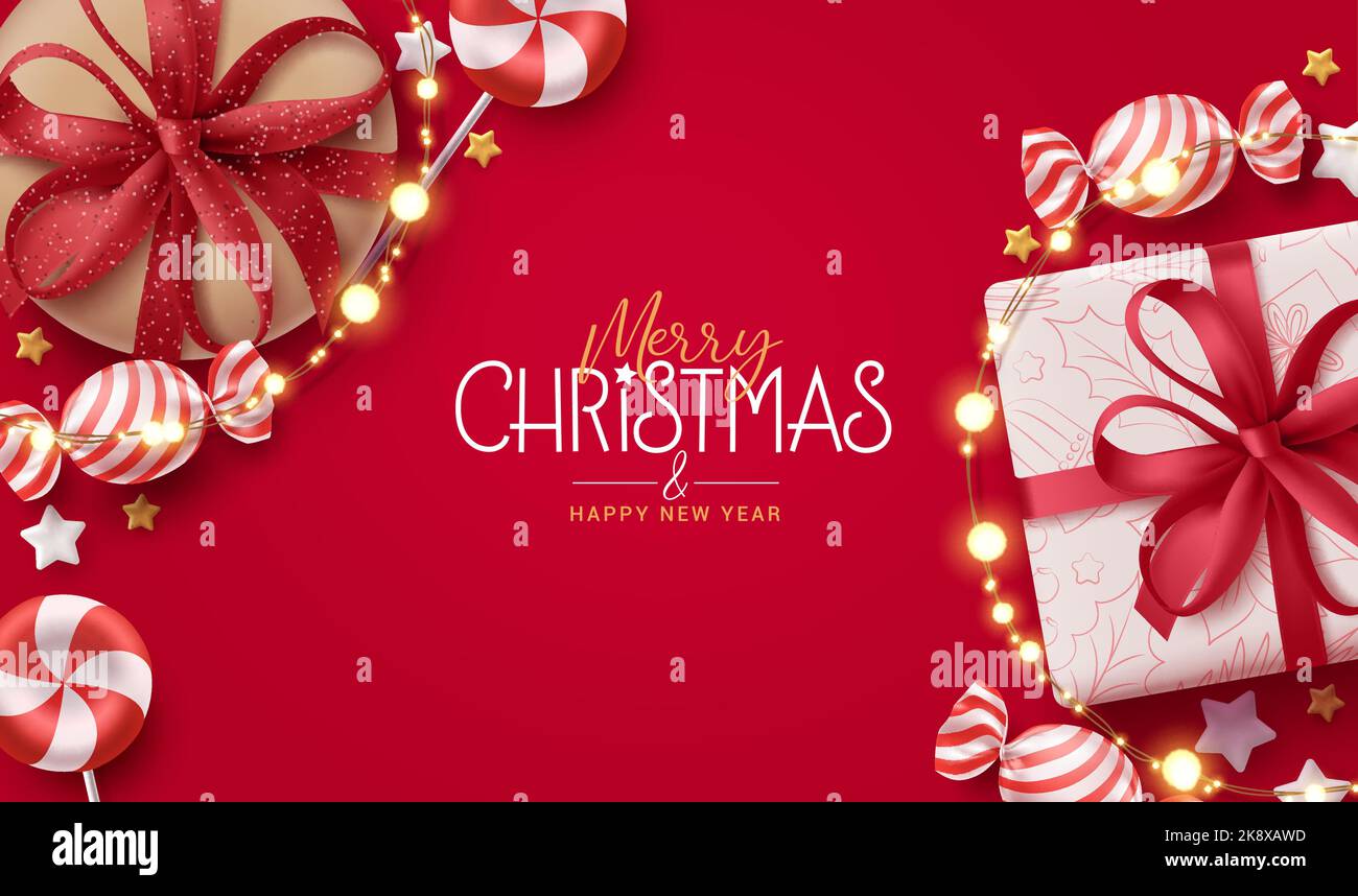Merry christmas text vector design background. Christmas gifts, candies ...