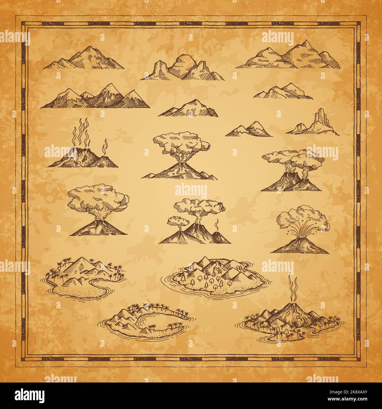 Vintage map islands, mountains and volcanoes sketches. Antique ...