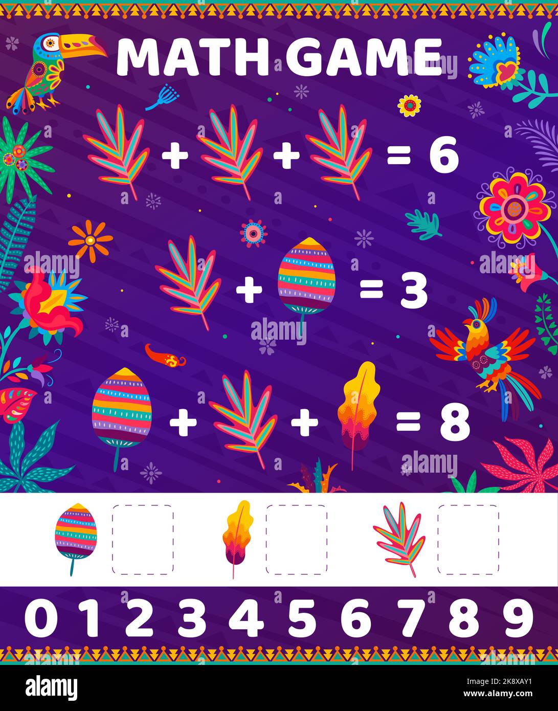Math game. Cartoon toucans flowers and plants. Child mathematical ...