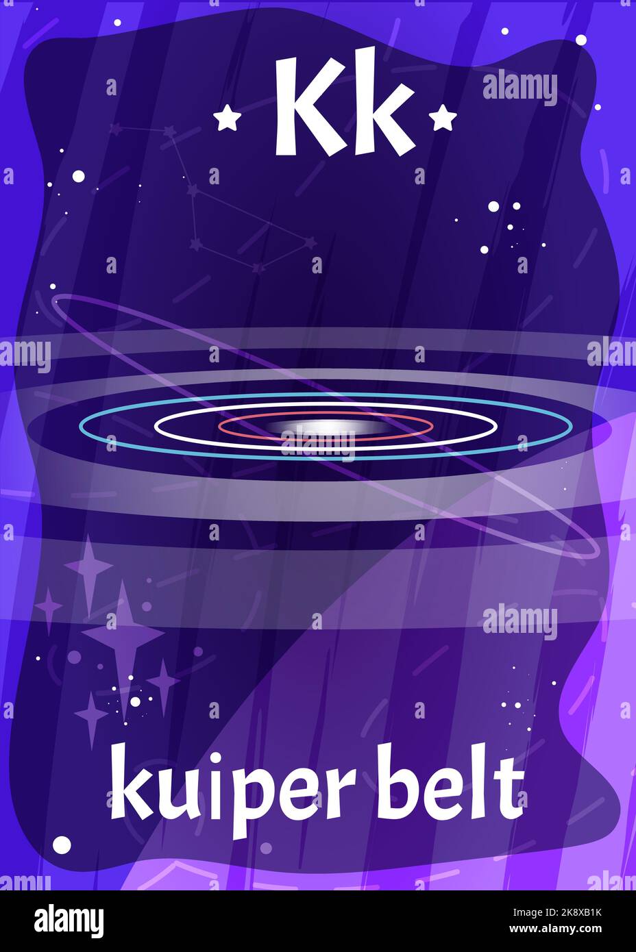 Printable space alphabet flashcard with letter K. Cartoon kuiper belt ...