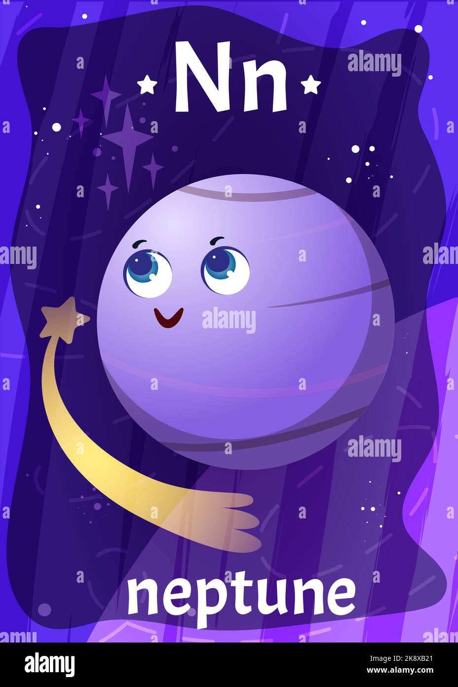 Printable space alphabet flashcard with letter N. Cartoon cute neptune ...
