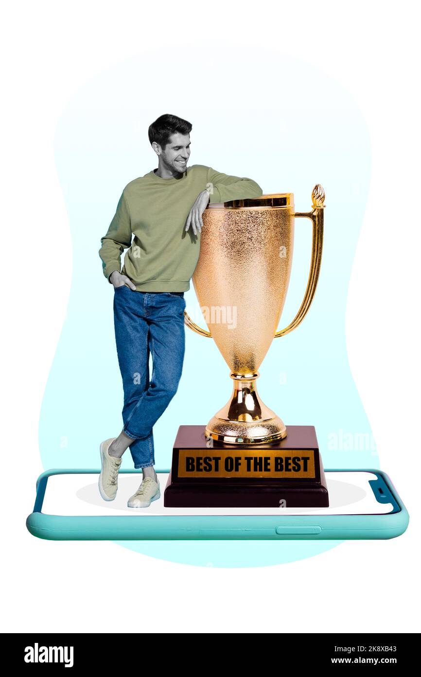 Creative template graphics image of happy smiling guy getting best of ...