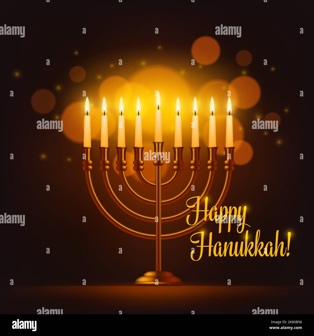 Happy Hanukkah vector greeting card with realistic menorah jewish lamp ...