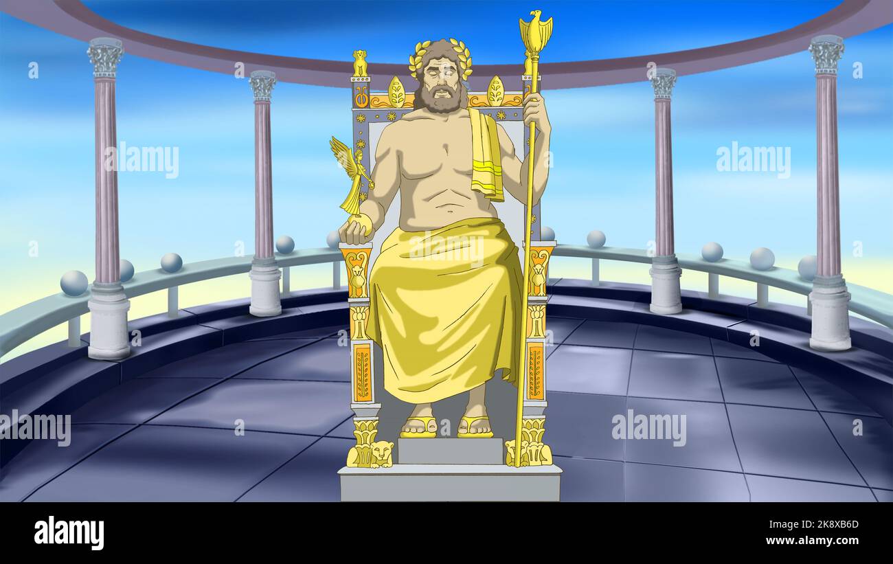 Statue of Zeus surrounded by columns in an ancient temple. Digital ...