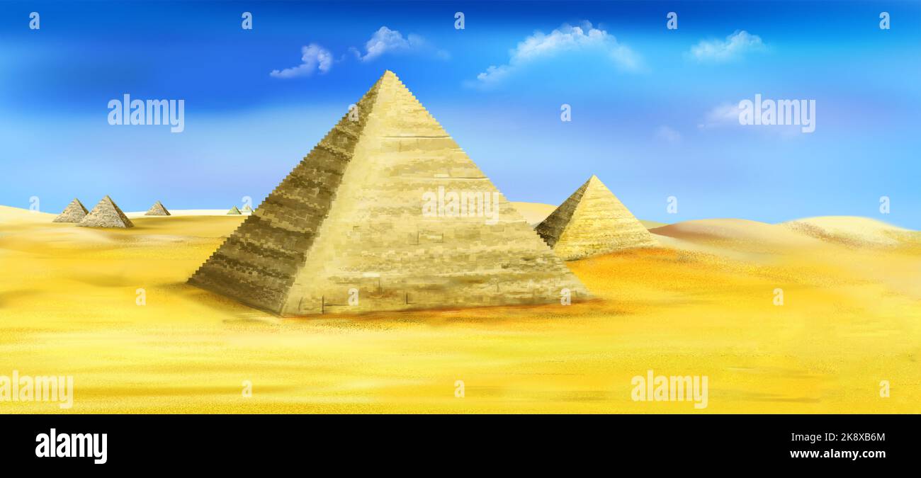 Great pyramids of Giza in Egypt on a sunny day. Digital Painting ...