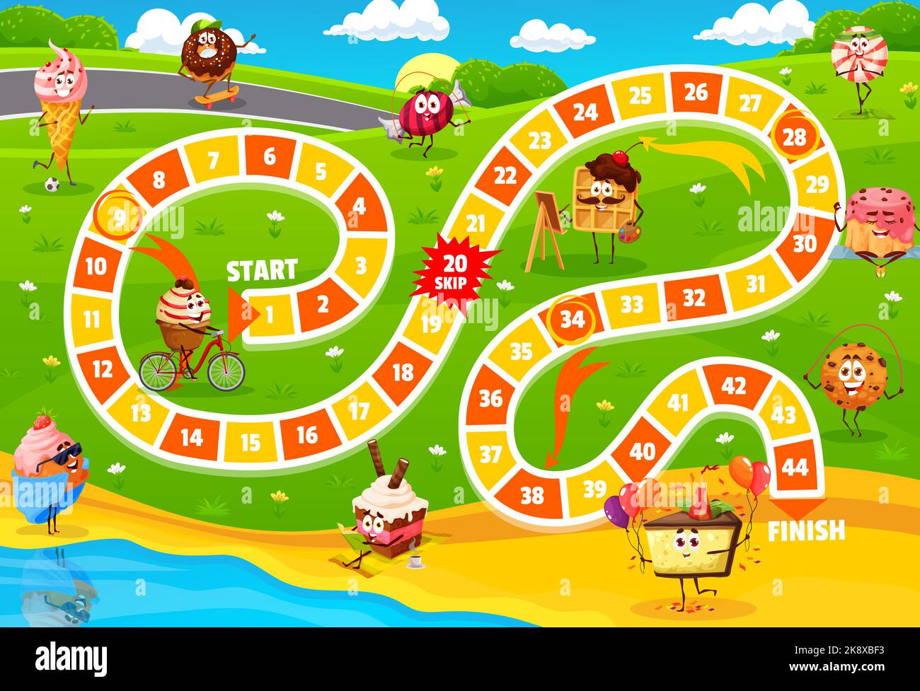 Kids step board game. Cartoon cheerful desserts, sweets, cookie and ...