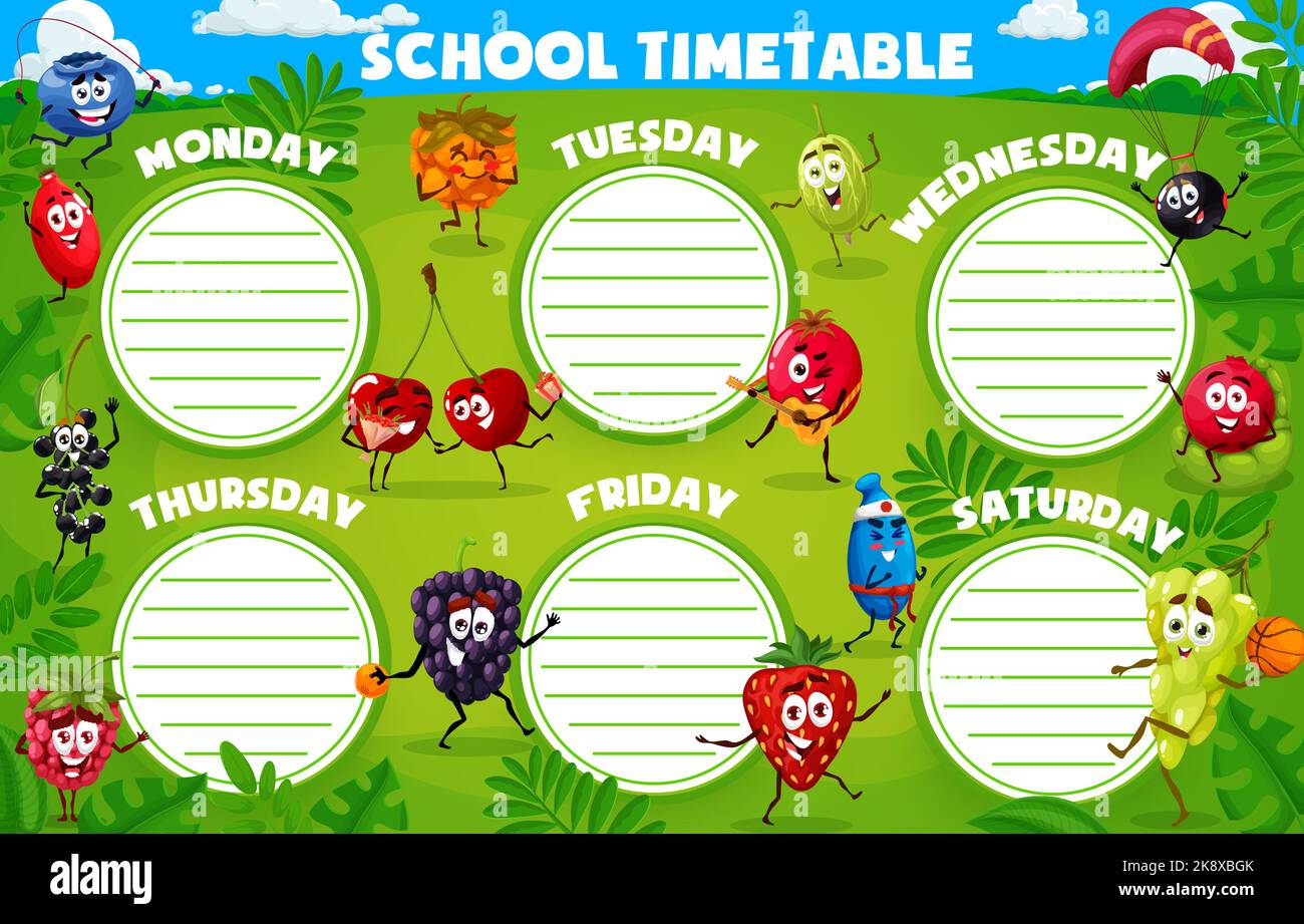 Education timetable. Cartoon berry characters on summer party. Child ...