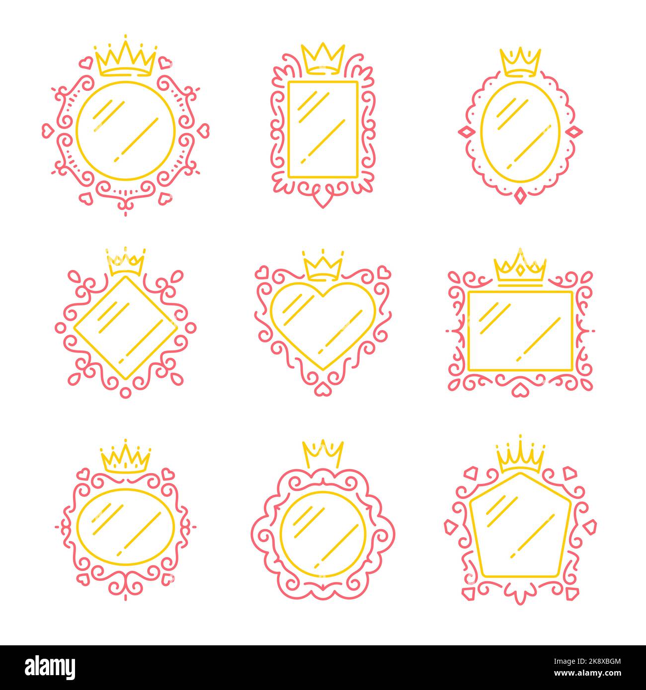Princess frames, mirrors with crown, baby girl photo doodle vector ...
