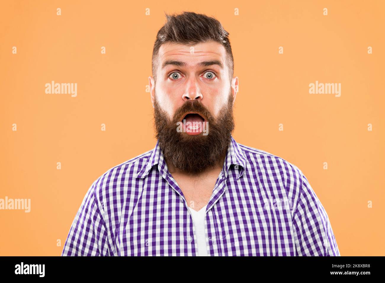 Wondering every time. Man bearded hipster wondering face yellow ...