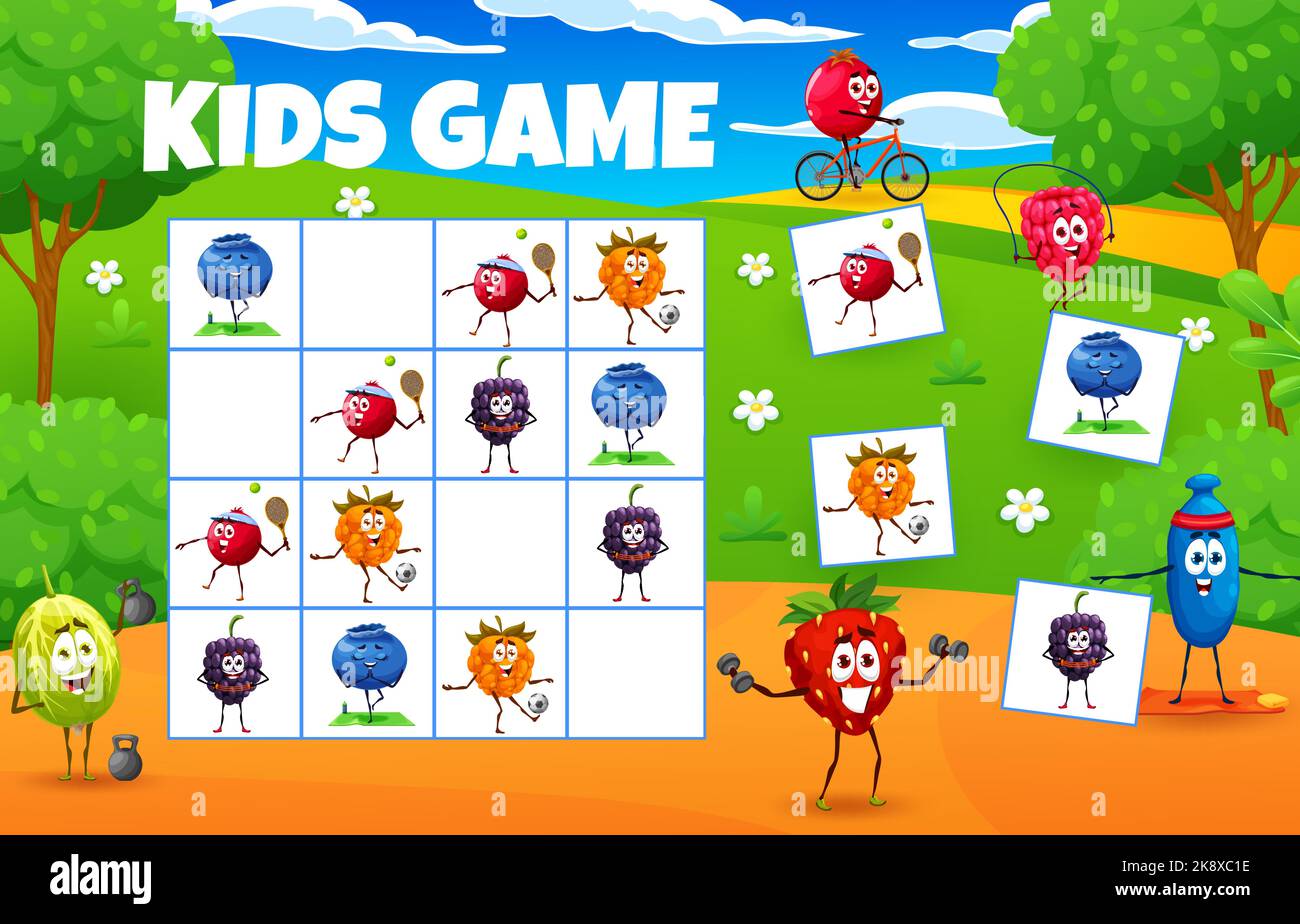 Sudoku game of cartoon cheerful berry characters on summer vacation ...