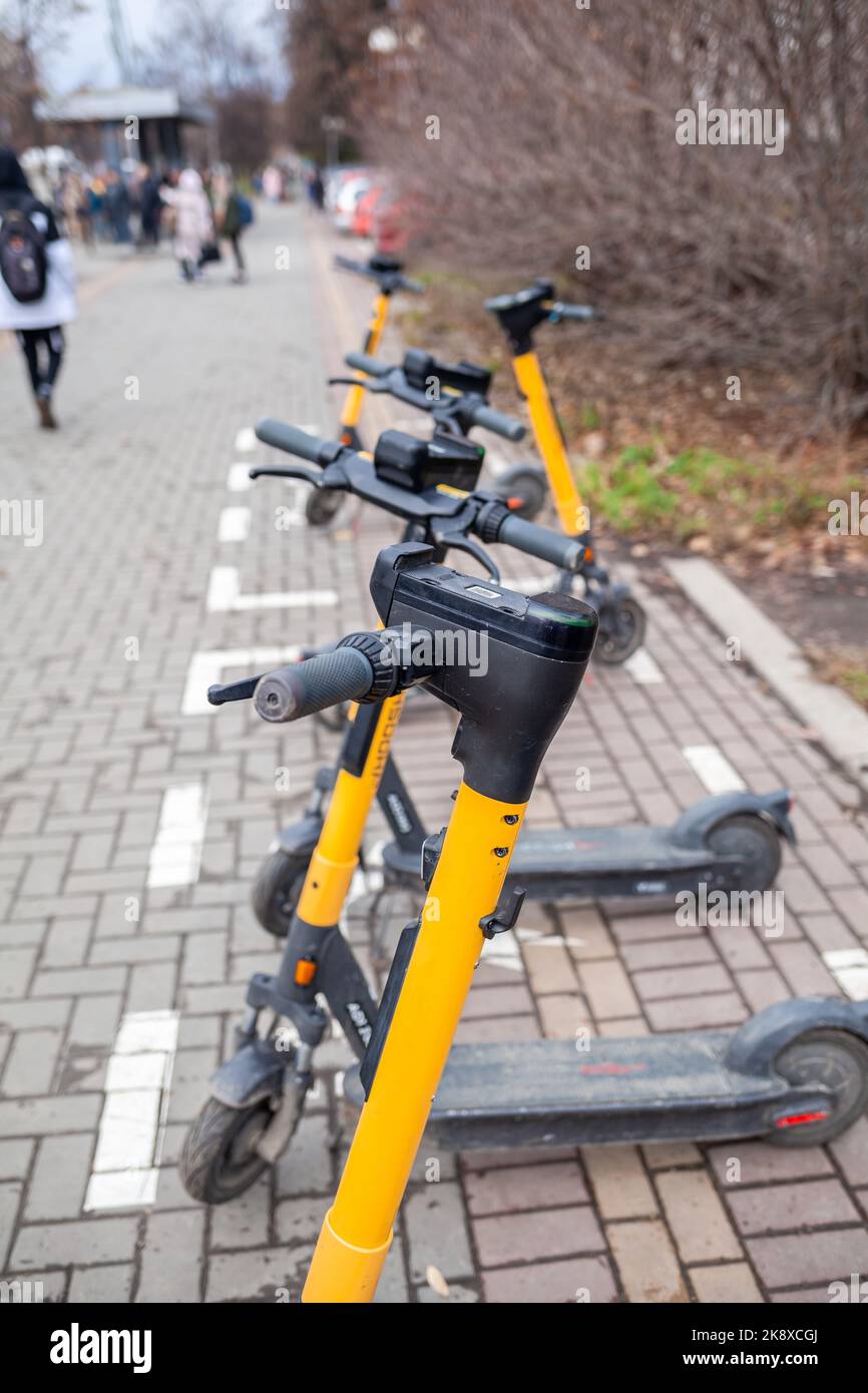 Electric scooters for Public Use, Standing on a city street, Public ...