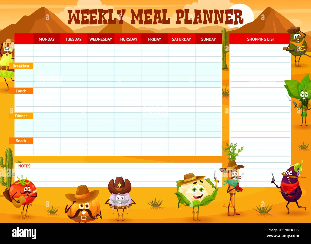 Weekly meal planner. Cartoon cowboy, bandit, sheriff and ranger ...