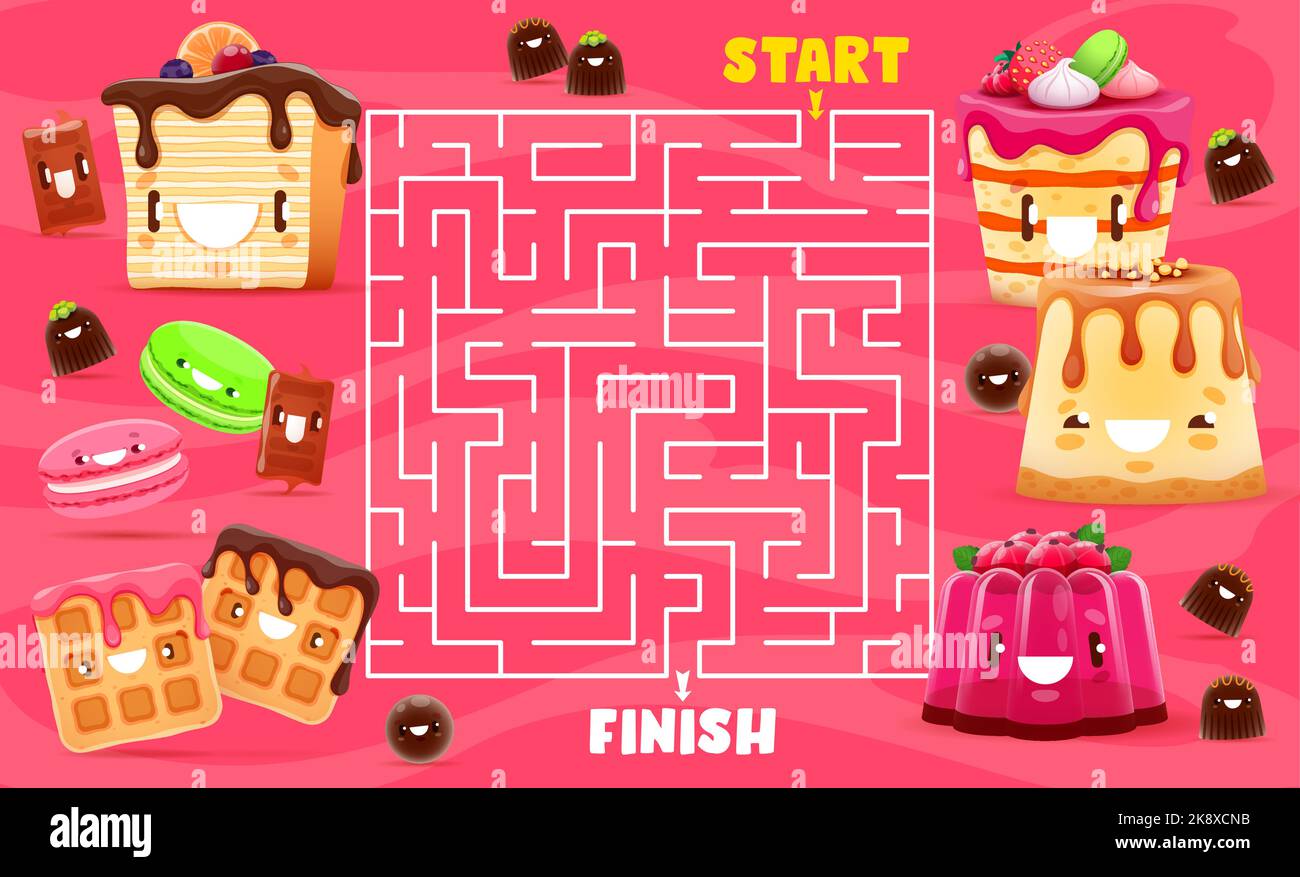 Labyrinth maze. Cartoon sweets, dessert and cake characters. Kids find ...