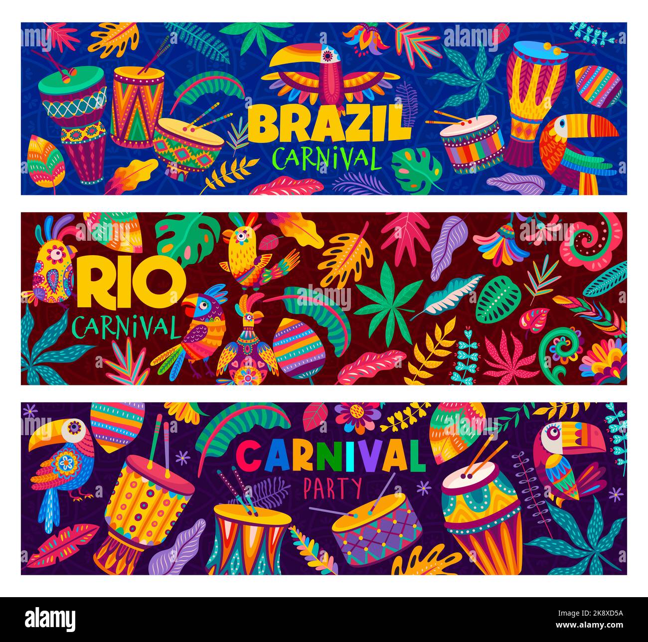 Brazilian Rio carnival party banners. Cartoon toucan and parrot birds ...