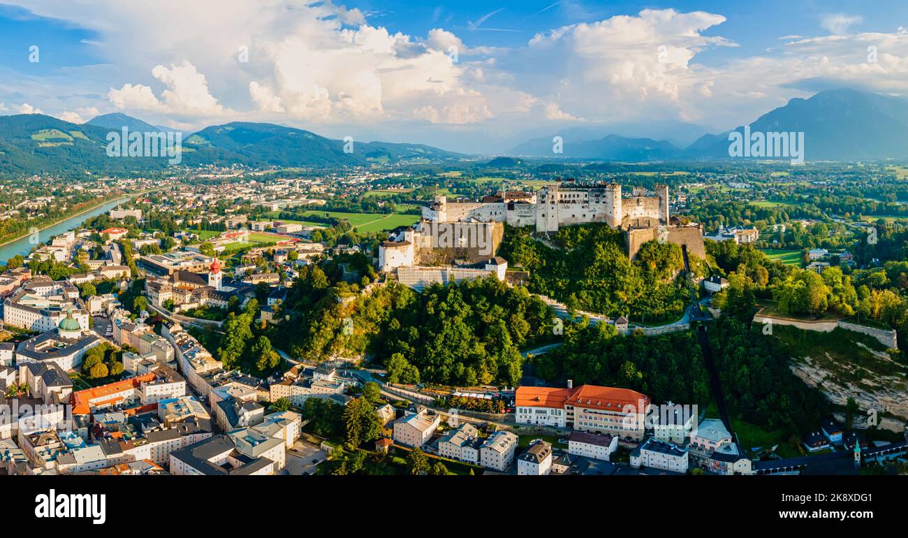 Beautiful aerial drone panorama of Salzburg city in Austria Stock Photo ...
