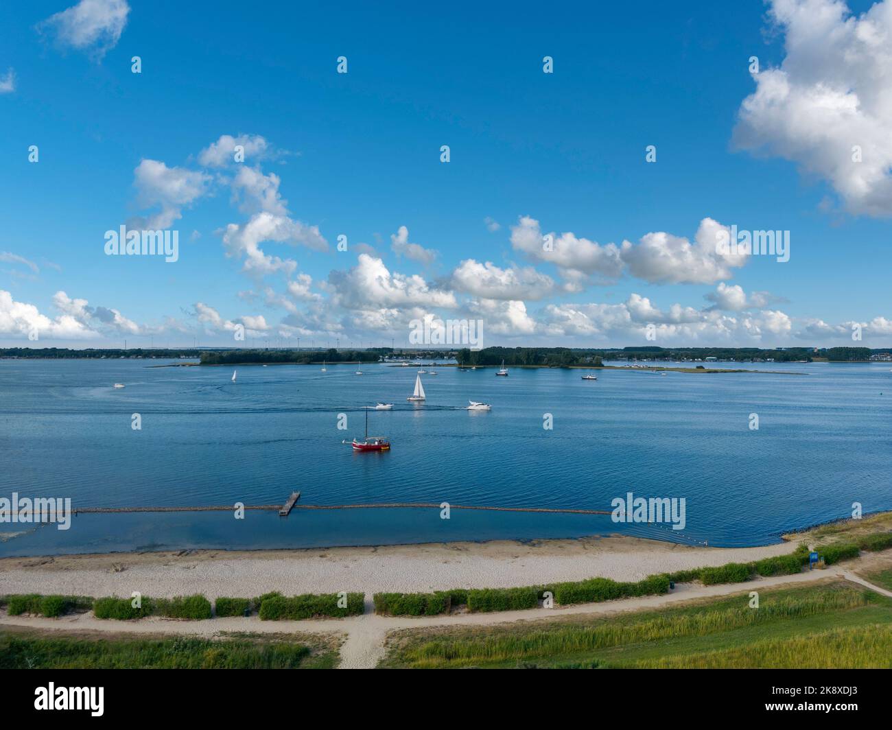 Aerial view with view over Veerse Meer, Veere, Zeeland, Netherlands ...