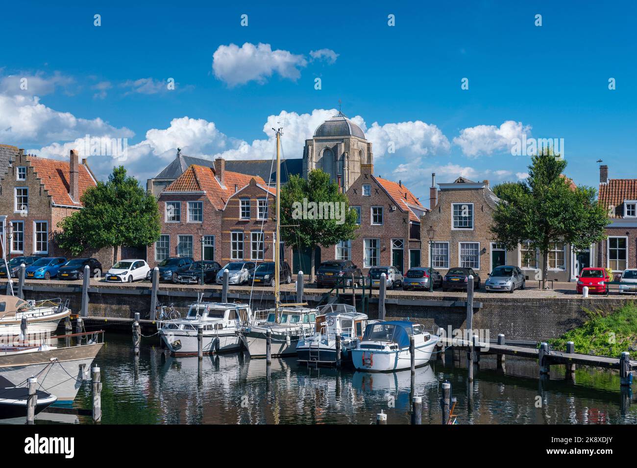 Marina, in the background the Great Church, Veere, Zeeland, Netherlands ...
