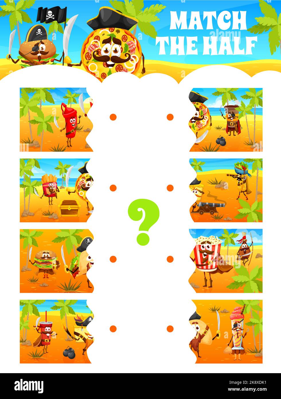 Match the half of cartoon pirates fastfood characters on treasure ...