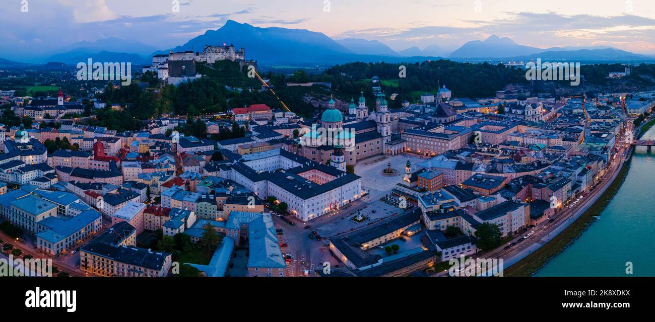 Beautiful aerial drone panorama of Salzburg city in Austria during ...