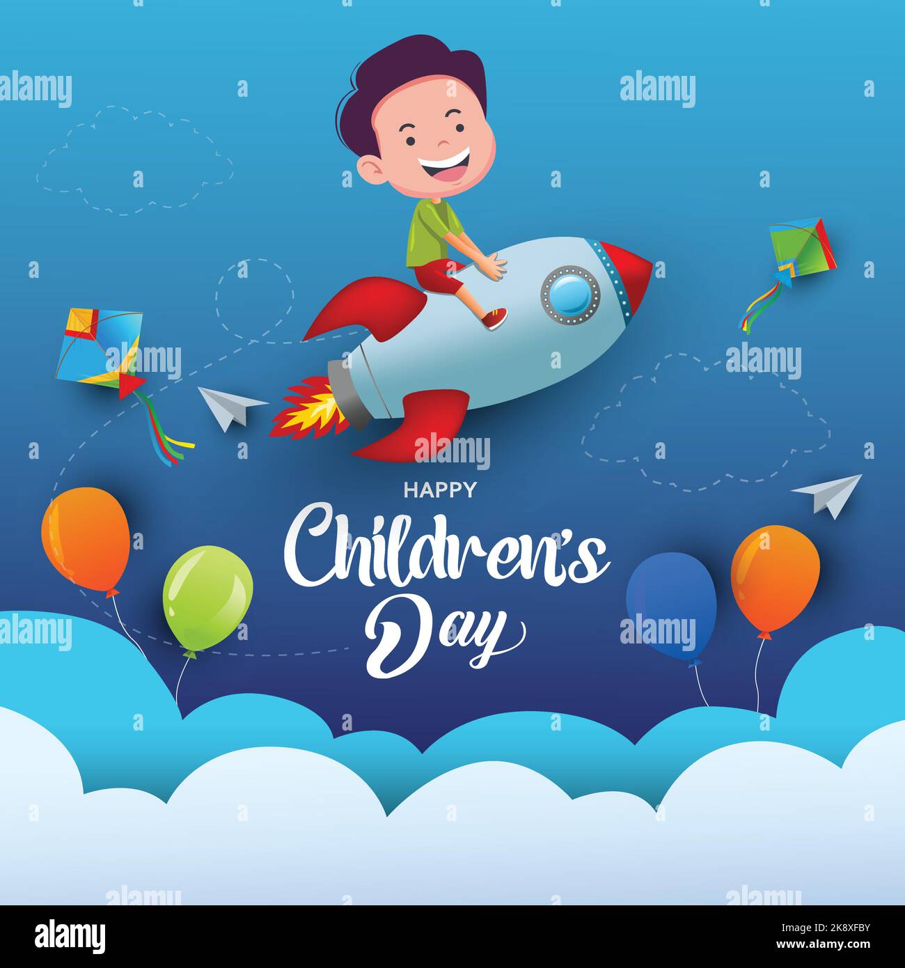 Happy children's day background greetings with kid flying rocket vector ...