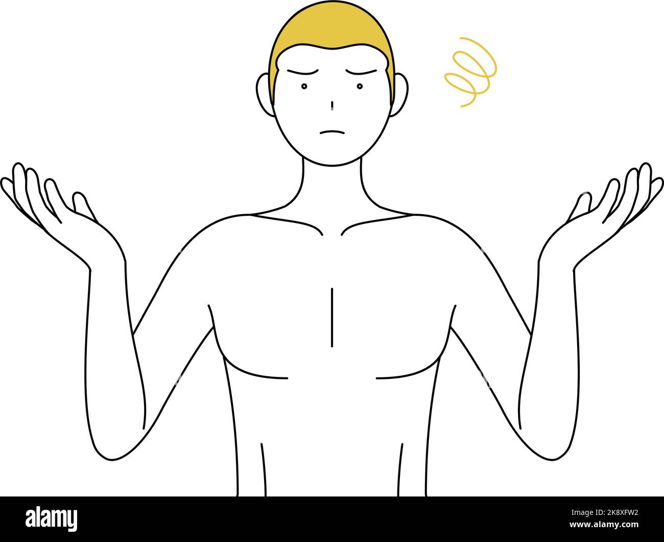 Line drawing of a man with epilated hair, pose in distress with arms ...