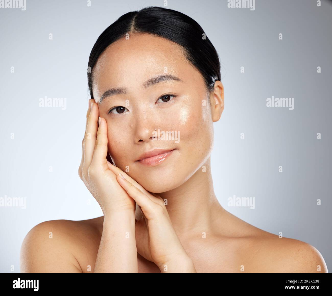 Beauty brand, skincare and dermatology treatment with woman using asian ...