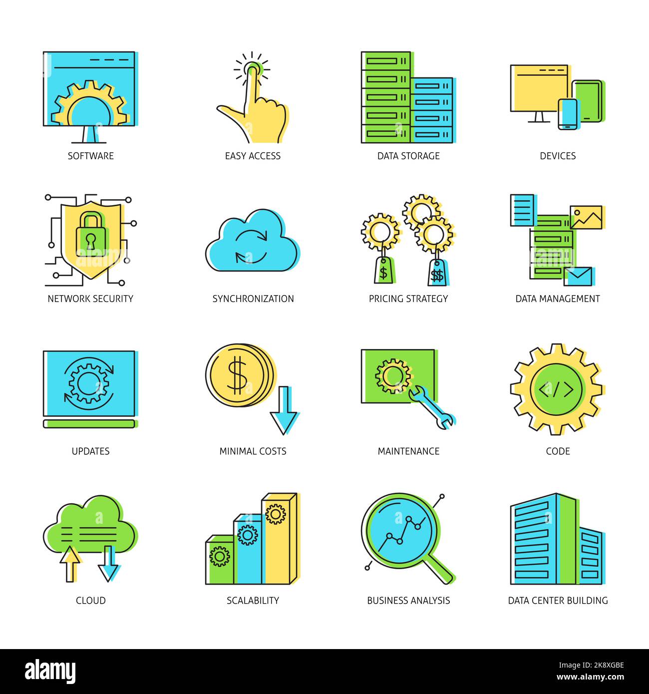 Computer software icon set in colored line style. Vector illustration ...
