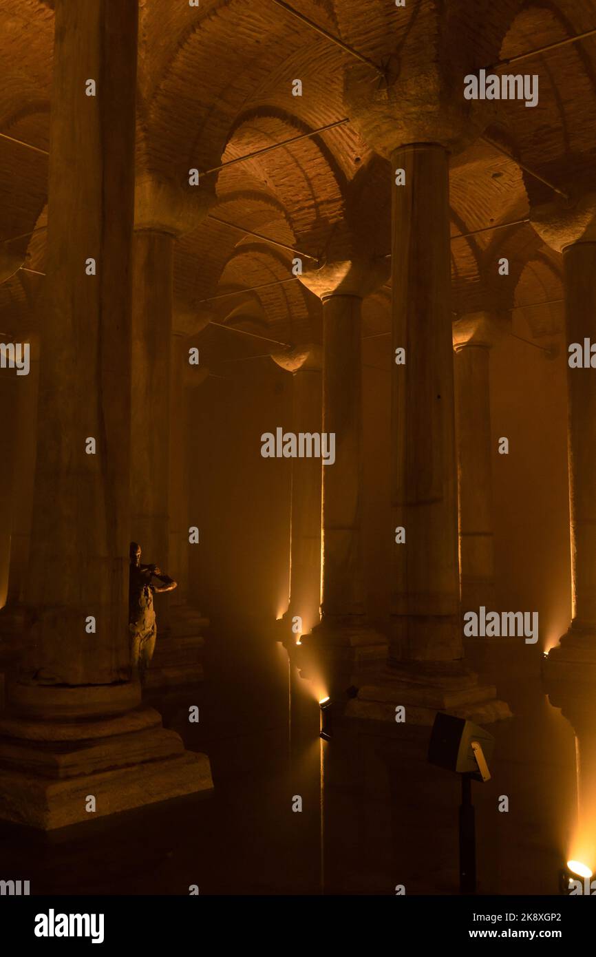 Basilica Cistern or Yerebatan Sarnici vertical background photo. Landmarks of Istanbul. Noise ...