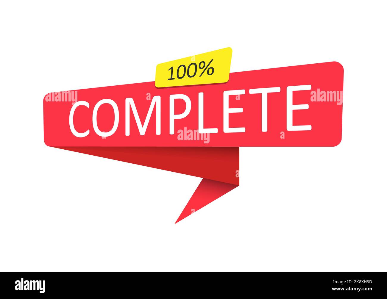 100 Percent Complete. A red banner, pointer, sticker, label or speech ...