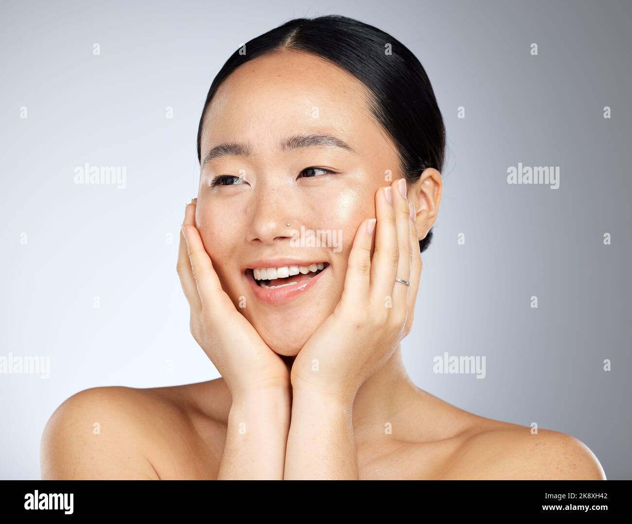 Skincare, beauty and woman with smile for dermatology against a grey ...