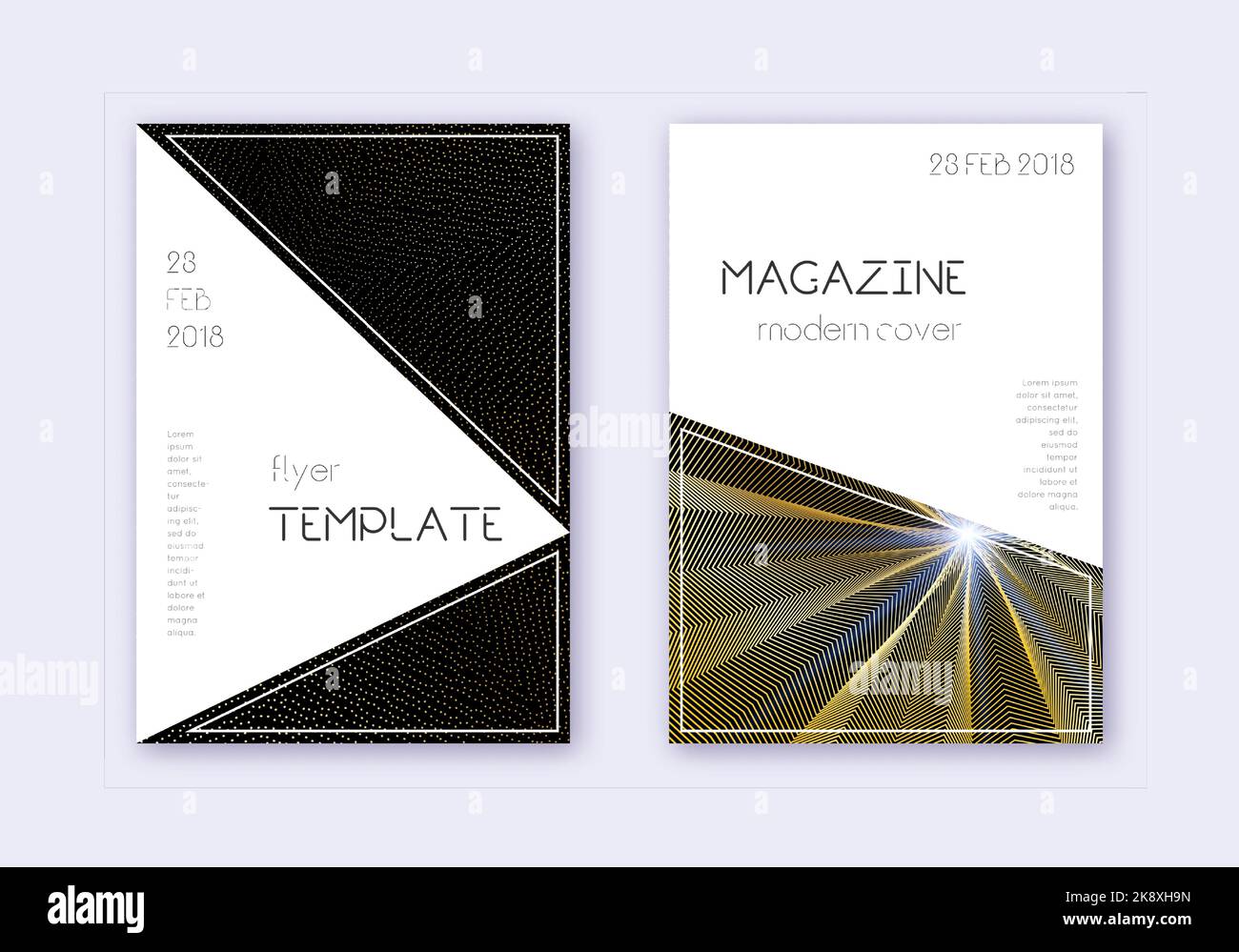 Triangle cover design template set. Gold abstract lines on black ...