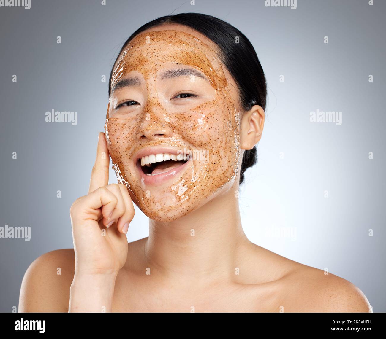 Skincare, portrait and woman with a coffee face mask for fresh, clean ...