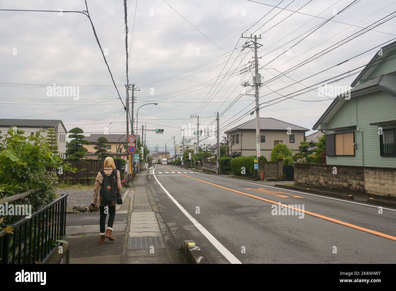 Perspective view of empty main road in small town with houses and ...