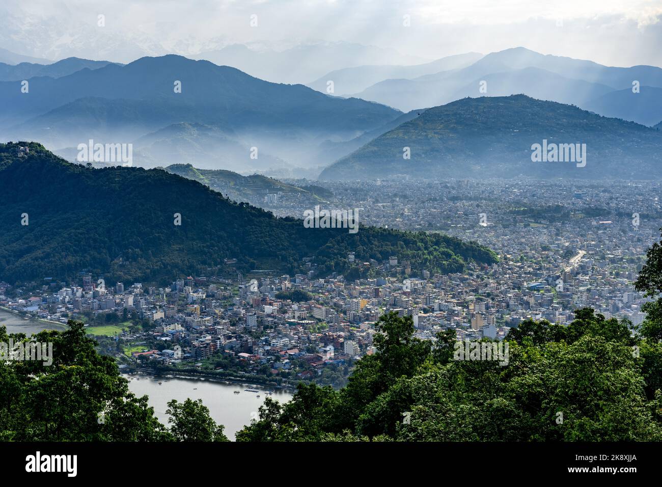 An aerial view of Phewa lake and the Annapurna Himalaya Mountain Range ...
