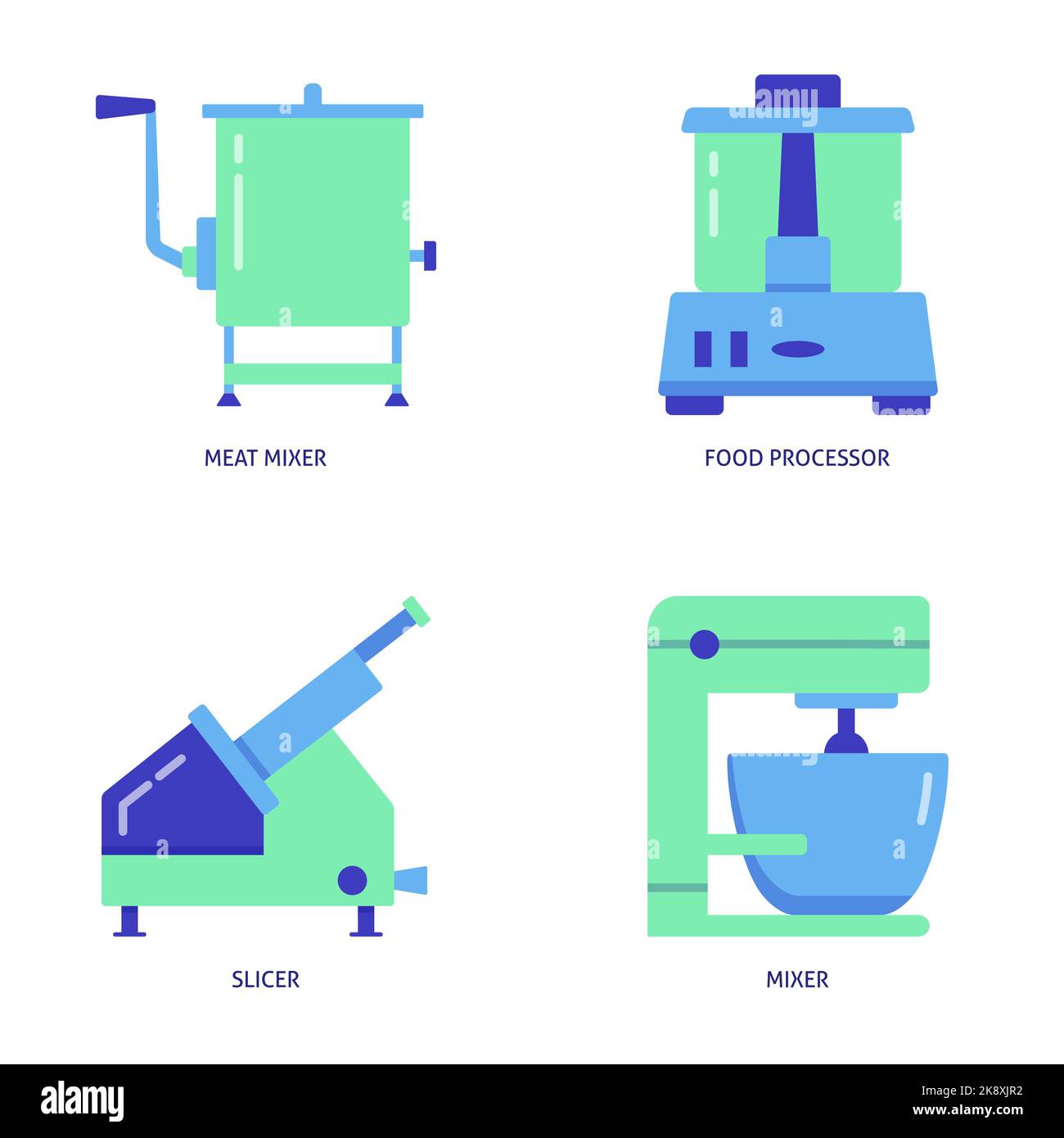 Food processing kitchen equipment icon set in flat style. Food ...