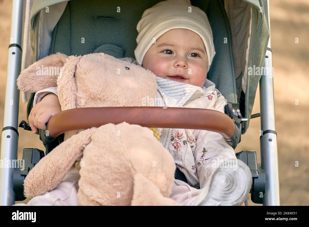 A cute Caucasian baby girl sitting in a buggy with her favorite toy and ...